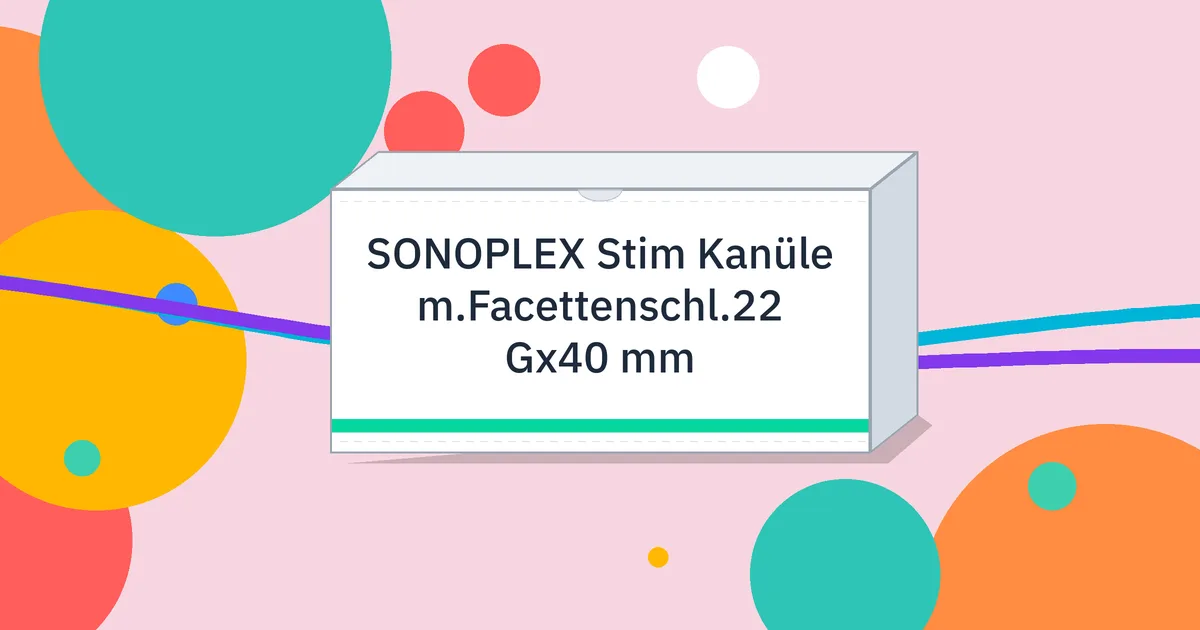 Symbolbild: Packung mit der Aufschrift SONOPLEX Stim Kanüle m.Facettenschl.22 Gx40 mm (PZN 03943268) – Verfügbarkeit und Bezug in Apotheken in Frankfurt am Main