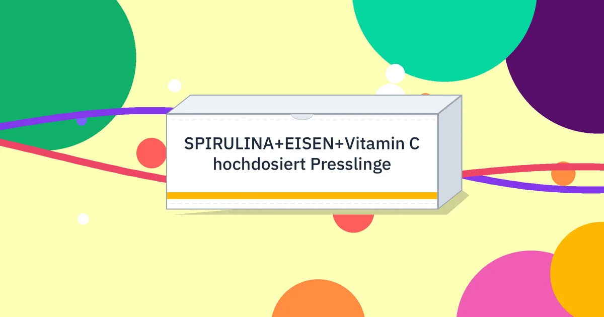 Symbolbild: Packung mit der Aufschrift SPIRULINA+EISEN+Vitamin C hochdosiert Presslinge (PZN 18910168) – Verfügbarkeit und Bezug in Apotheken in Frankfurt am Main