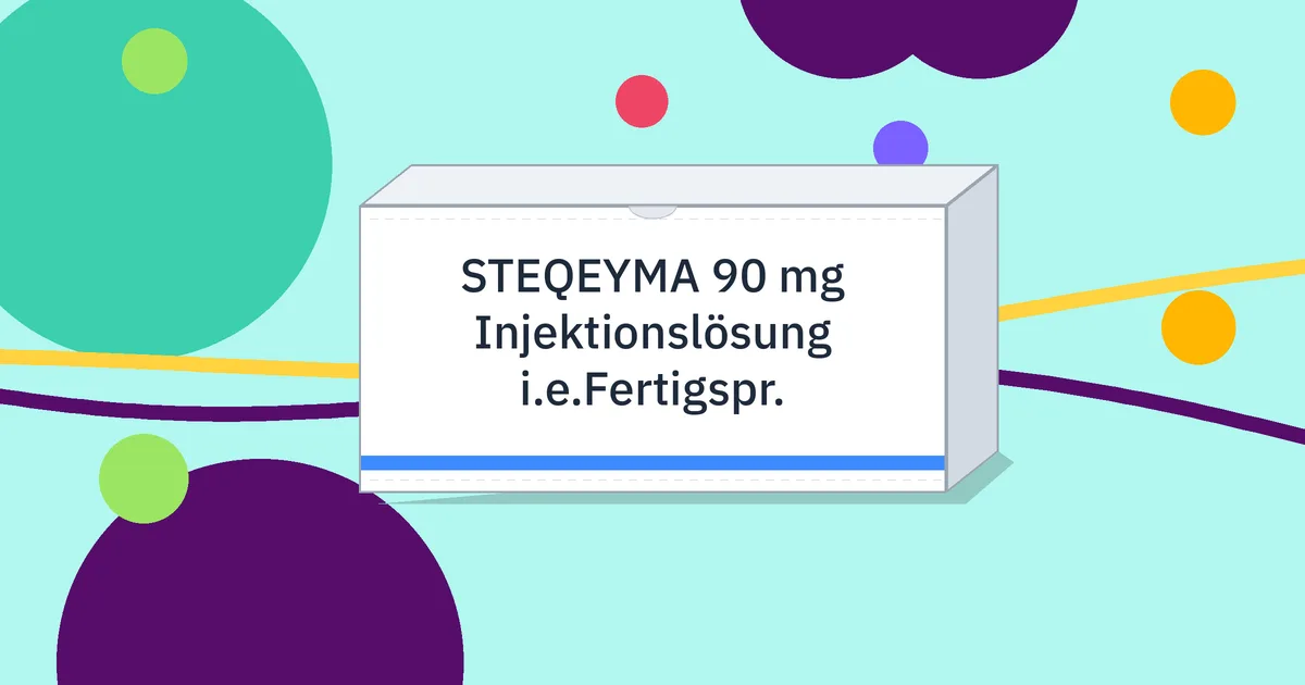 Symbolbild: Packung mit der Aufschrift STEQEYMA 90 mg Injektionslösung i.e.Fertigspr. (PZN 19782494) – Verfügbarkeit und Bezug in Apotheken in Frankfurt am Main