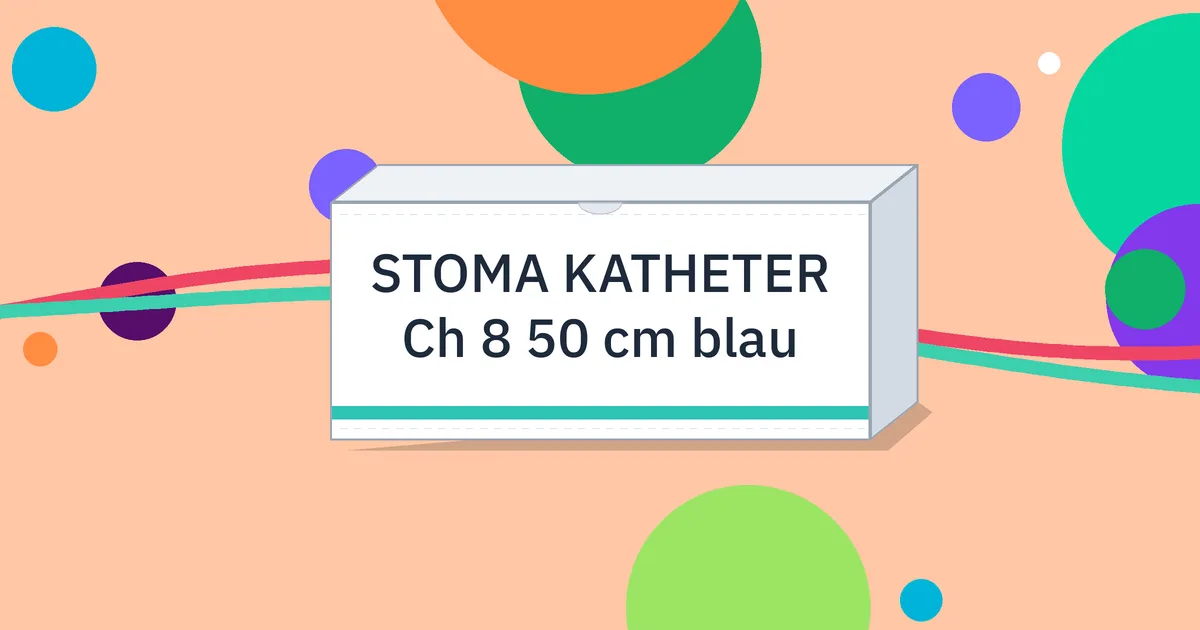 Symbolbild: Packung mit der Aufschrift STOMA KATHETER Ch 8 50 cm blau (PZN 10045860) – Verfügbarkeit und Bezug in Apotheken in Frankfurt am Main