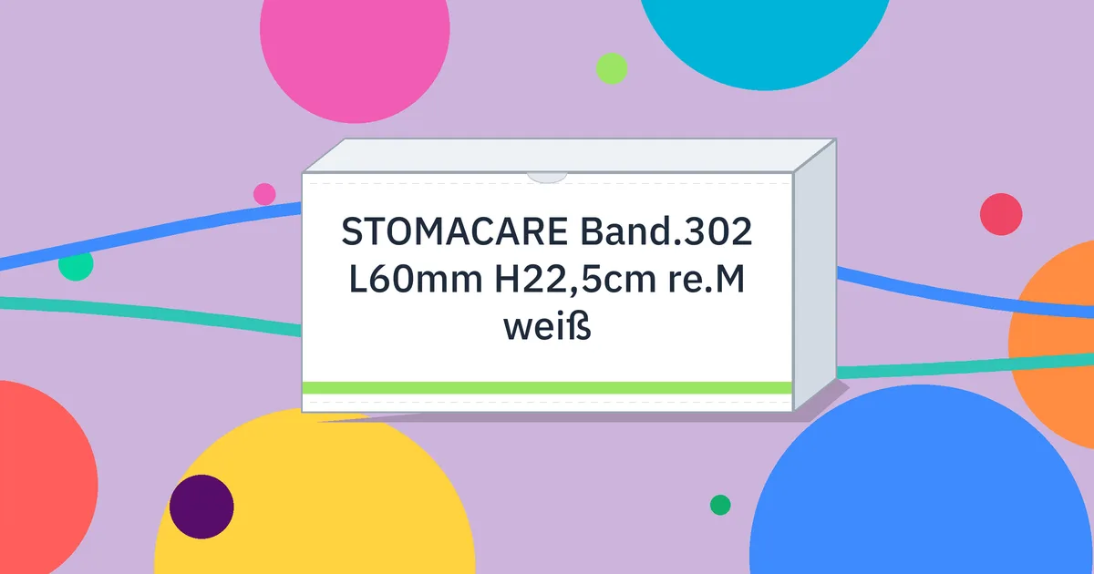 Symbolbild: Packung mit der Aufschrift STOMACARE Band.302 L60mm H22,5cm re.M weiß (PZN 03414110) – Verfügbarkeit und Bezug in Apotheken in Frankfurt am Main