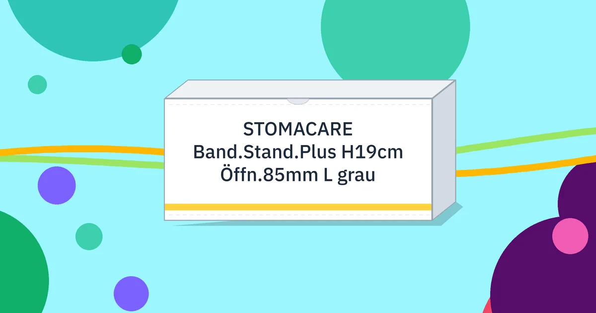 Symbolbild: Packung mit der Aufschrift STOMACARE Band.Stand.Plus H19cm Öffn.85mm L grau (PZN 16750683) – Verfügbarkeit und Bezug in Apotheken in Frankfurt am Main