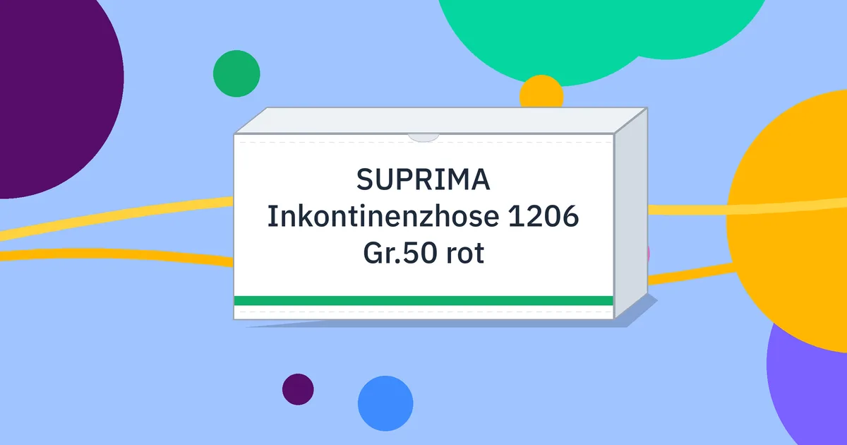 Symbolbild: Packung mit der Aufschrift SUPRIMA Inkontinenzhose 1206 Gr.50 rot (PZN 01513368) – Verfügbarkeit und Bezug in Apotheken in Frankfurt am Main