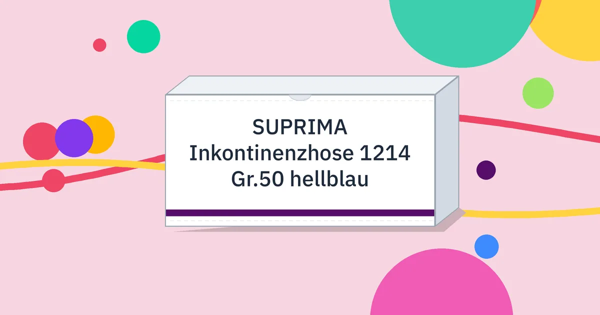 Symbolbild: Packung mit der Aufschrift SUPRIMA Inkontinenzhose 1214 Gr.50 hellblau (PZN 03027502) – Verfügbarkeit und Bezug in Apotheken in Frankfurt am Main