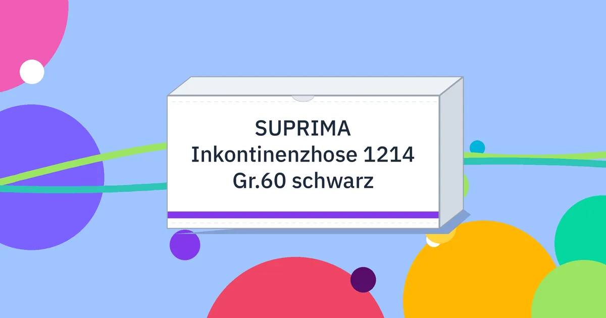 Symbolbild: Packung mit der Aufschrift SUPRIMA Inkontinenzhose 1214 Gr.60 schwarz (PZN 02853089) – Verfügbarkeit und Bezug in Apotheken in Frankfurt am Main