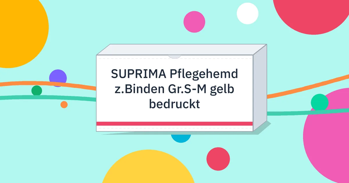 Symbolbild: Packung mit der Aufschrift SUPRIMA Pflegehemd z.Binden Gr.S-M gelb bedruckt (PZN 03067619) – Verfügbarkeit und Bezug in Apotheken in Frankfurt am Main