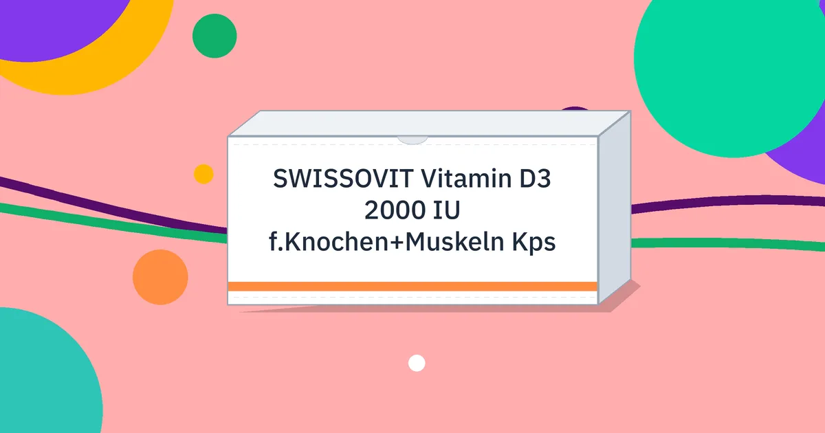 Symbolbild: Packung mit der Aufschrift SWISSOVIT Vitamin D3 2000 IU f.Knochen+Muskeln Kps (PZN 20082738) – Verfügbarkeit und Bezug in Apotheken in Frankfurt am Main