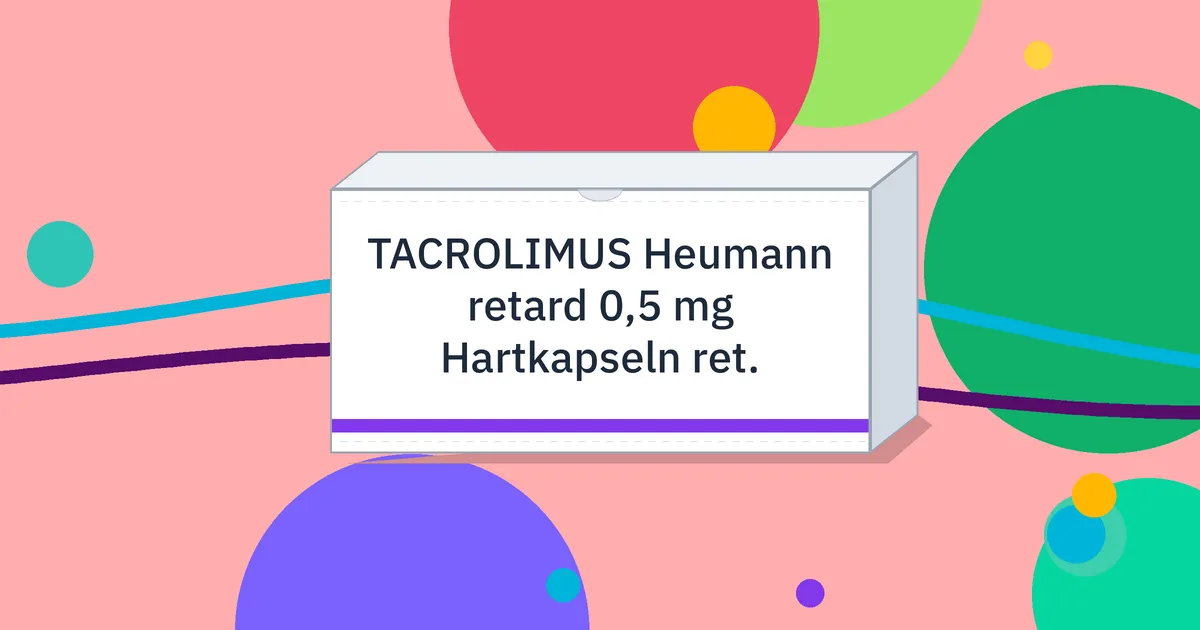 Symbolbild: Packung mit der Aufschrift TACROLIMUS Heumann retard 0,5 mg Hartkapseln ret. (PZN 18490743) – Verfügbarkeit und Bezug in Apotheken in Frankfurt am Main
