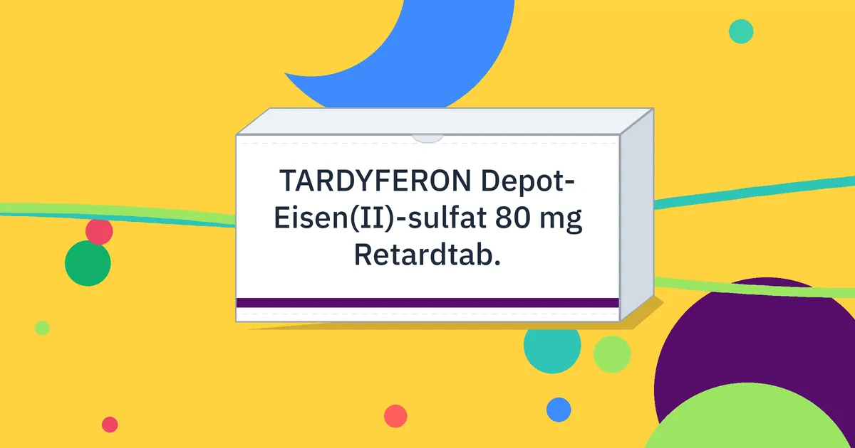 Symbolbild: Packung mit der Aufschrift TARDYFERON Depot-Eisen(II)-sulfat 80 mg Retardtab. (PZN 10353432) – Verfügbarkeit und Bezug in Apotheken in Frankfurt am Main