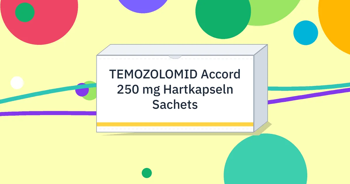 Symbolbild: Packung mit der Aufschrift TEMOZOLOMID Accord 250 mg Hartkapseln Sachets (PZN 16749444) – Verfügbarkeit und Bezug in Apotheken in Frankfurt am Main