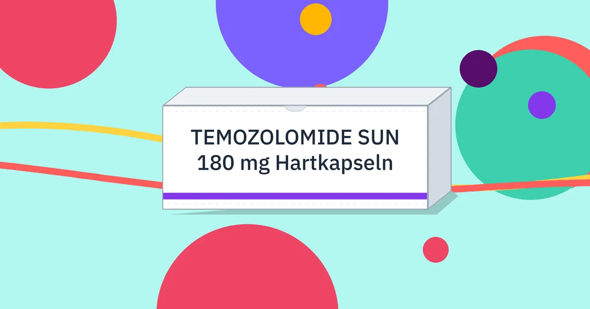 Symbolbild: Packung mit der Aufschrift TEMOZOLOMIDE SUN 180 mg Hartkapseln (PZN 19705186) – Verfügbarkeit und Bezug in Apotheken in Frankfurt am Main