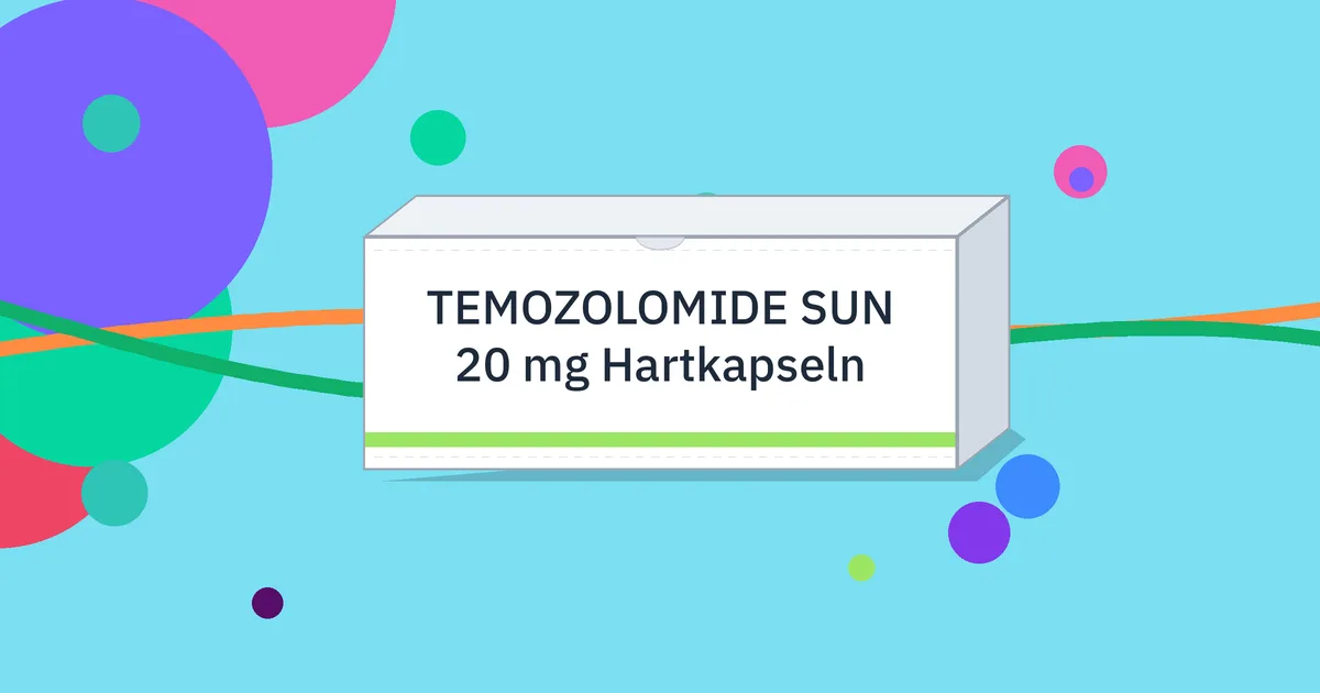 Symbolbild: Packung mit der Aufschrift TEMOZOLOMIDE SUN 20 mg Hartkapseln (PZN 09281957) – Verfügbarkeit und Bezug in Apotheken in Frankfurt am Main
