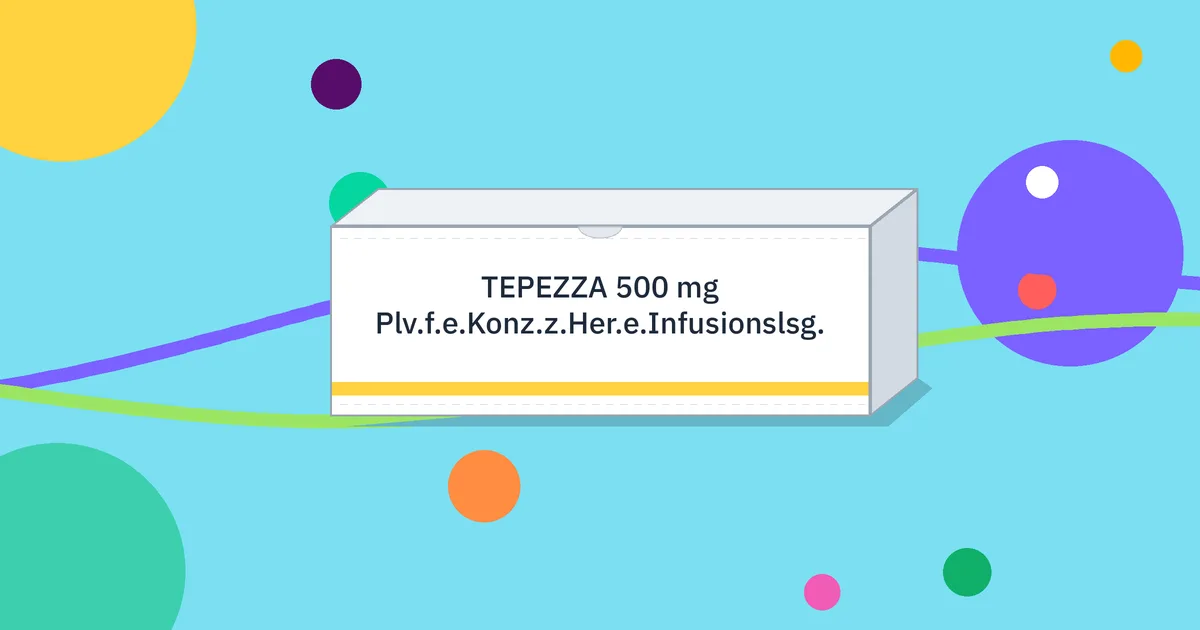 Symbolbild: Packung mit der Aufschrift TEPEZZA 500 mg Plv.f.e.Konz.z.Her.e.Infusionslsg. (PZN 19694005) – Verfügbarkeit und Bezug in Apotheken in Frankfurt am Main
