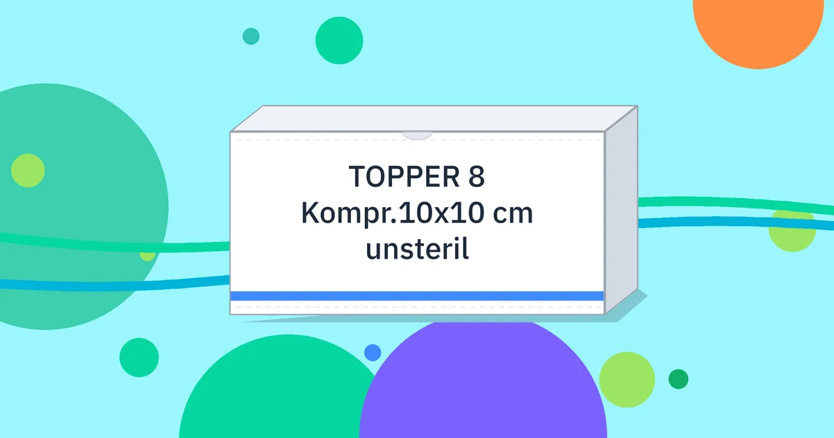 Symbolbild: Packung mit der Aufschrift TOPPER 8 Kompr.10x10 cm unsteril (PZN 17971268) – Verfügbarkeit und Bezug in Apotheken in Frankfurt am Main