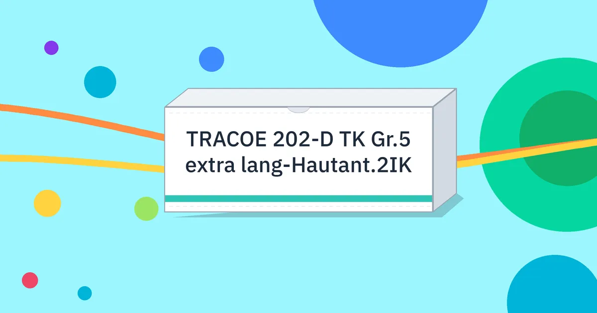 Symbolbild: Packung mit der Aufschrift TRACOE 202-D TK Gr.5 extra lang-Hautant.2IK (PZN 00913812) – Verfügbarkeit und Bezug in Apotheken in Frankfurt am Main