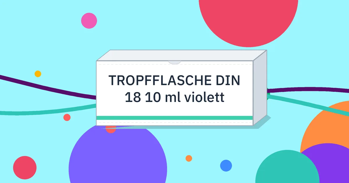 Symbolbild: Packung mit der Aufschrift TROPFFLASCHE DIN 18 10 ml violett (PZN 15586684) – Verfügbarkeit und Bezug in Apotheken in Frankfurt am Main