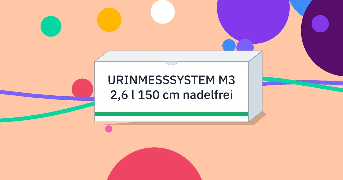 Symbolbild: Packung mit der Aufschrift URINMESSSYSTEM M3 2,6 l 150 cm nadelfrei (PZN 01085814) – Verfügbarkeit und Bezug in Apotheken in Frankfurt am Main