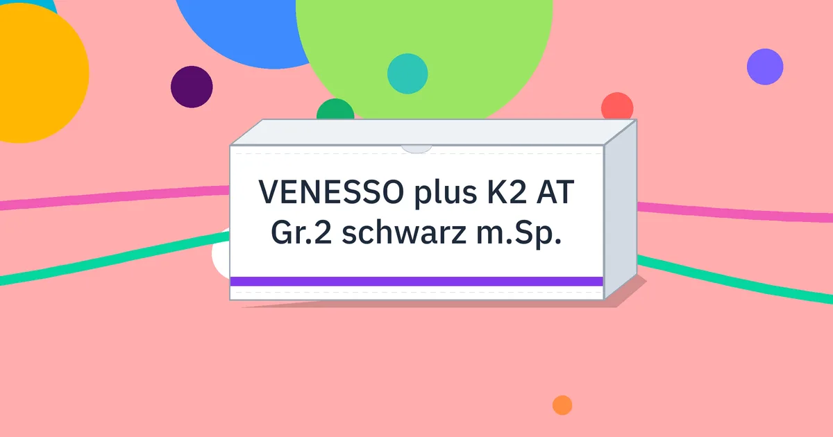Symbolbild: Packung mit der Aufschrift VENESSO plus K2 AT Gr.2 schwarz m.Sp. (PZN 03287427) – Verfügbarkeit und Bezug in Apotheken in Frankfurt am Main