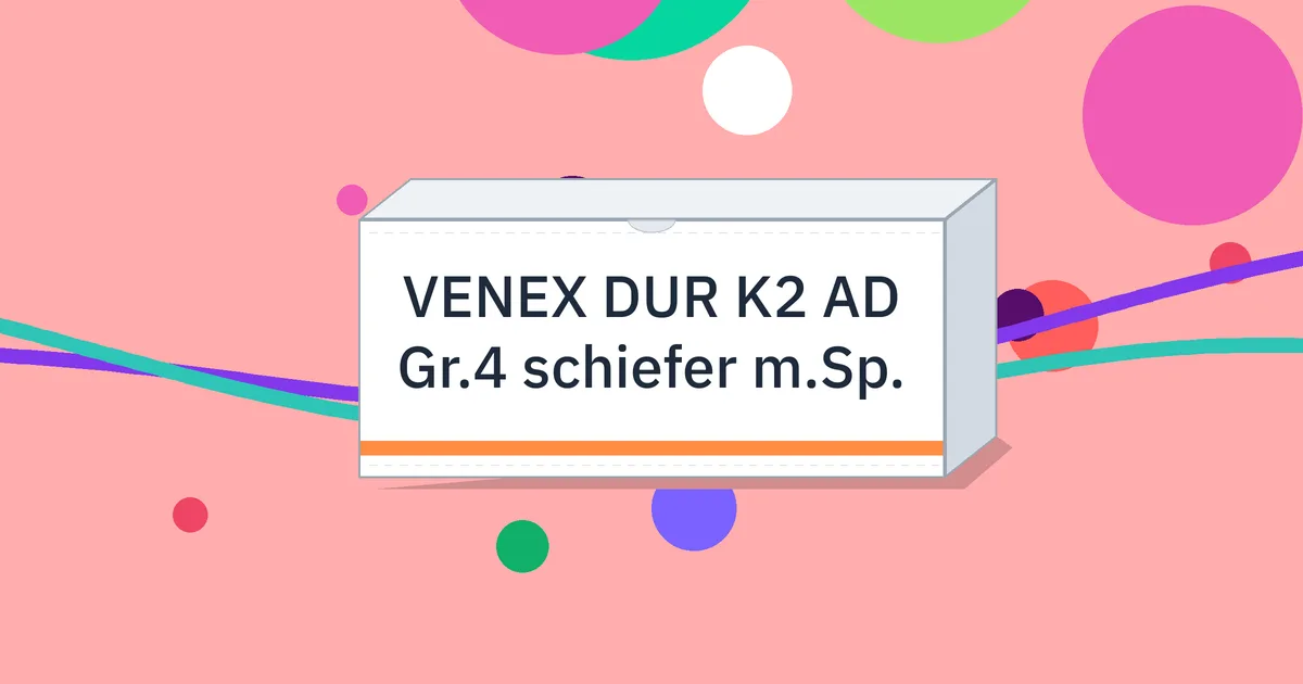 Symbolbild: Packung mit der Aufschrift VENEX DUR K2 AD Gr.4 schiefer m.Sp. (PZN 03209605) – Verfügbarkeit und Bezug in Apotheken in Frankfurt am Main