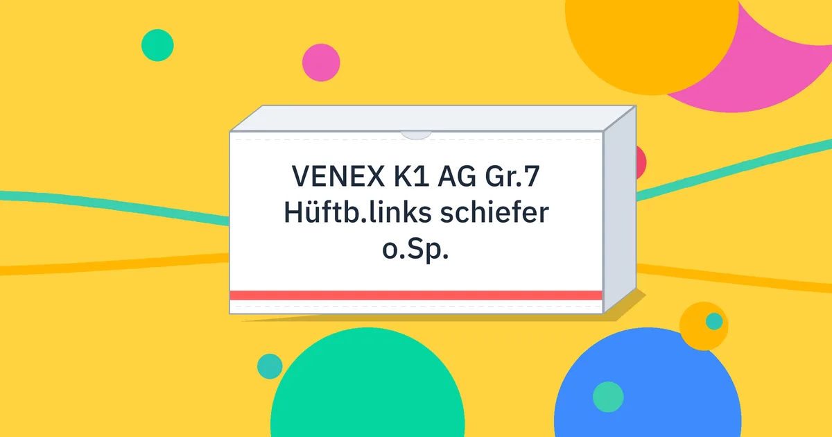 Symbolbild: Packung mit der Aufschrift VENEX K1 AG Gr.7 Hüftb.links schiefer o.Sp. (PZN 03206392) – Verfügbarkeit und Bezug in Apotheken in Frankfurt am Main