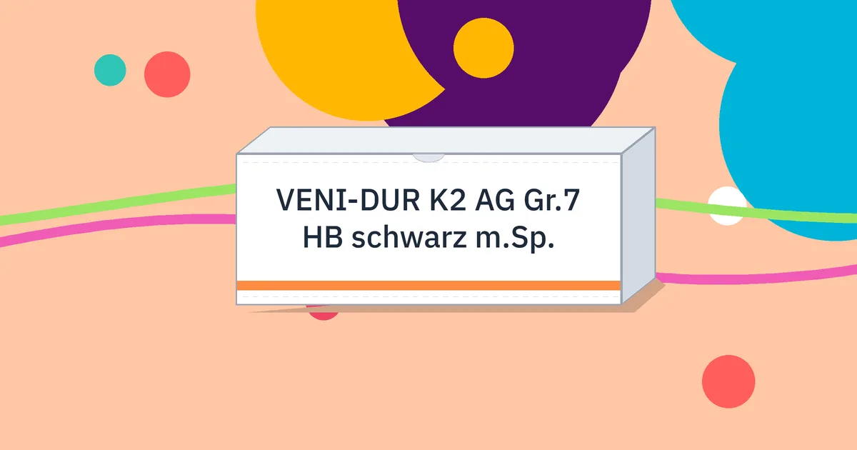 Symbolbild: Packung mit der Aufschrift VENI-DUR K2 AG Gr.7 HB schwarz m.Sp. (PZN 03244553) – Verfügbarkeit und Bezug in Apotheken in Frankfurt am Main