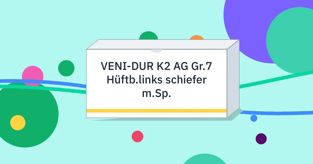 Symbolbild: Packung mit der Aufschrift VENI-DUR K2 AG Gr.7 Hüftb.links schiefer m.Sp. (PZN 03249438) – Verfügbarkeit und Bezug in Apotheken in Frankfurt am Main