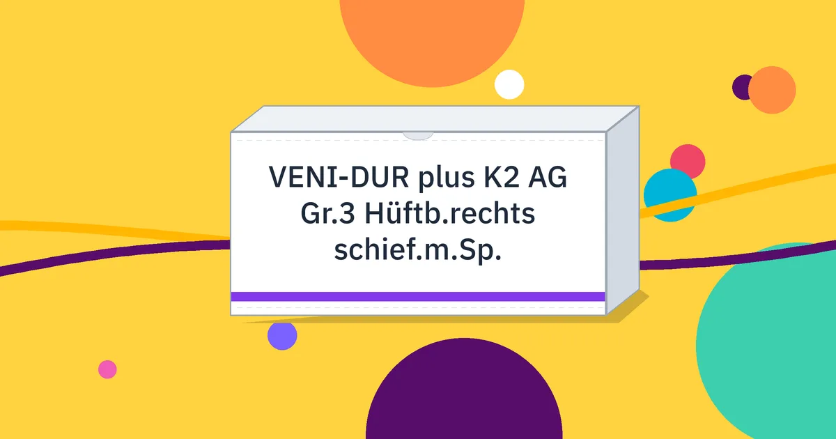 Symbolbild: Packung mit der Aufschrift VENI-DUR plus K2 AG Gr.3 Hüftb.rechts schief.m.Sp. (PZN 03256303) – Verfügbarkeit und Bezug in Apotheken in Frankfurt am Main