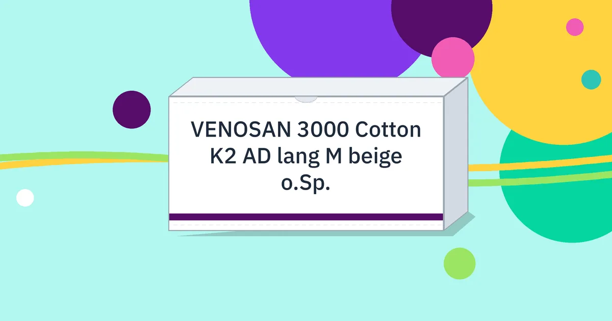 Symbolbild: Packung mit der Aufschrift VENOSAN 3000 Cotton K2 AD lang M beige o.Sp. (PZN 14421142) – Verfügbarkeit und Bezug in Apotheken in Frankfurt am Main