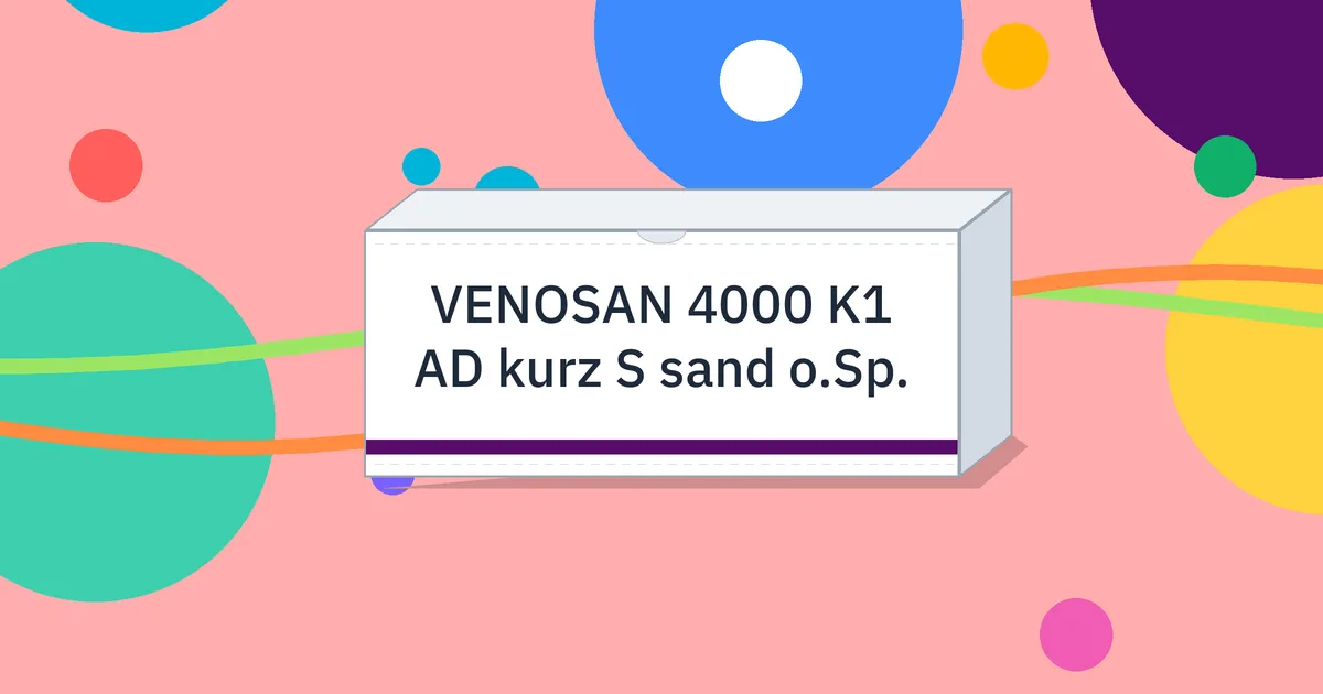 Symbolbild: Packung mit der Aufschrift VENOSAN 4000 K1 AD kurz S sand o.Sp. (PZN 14421811) – Verfügbarkeit und Bezug in Apotheken in Frankfurt am Main
