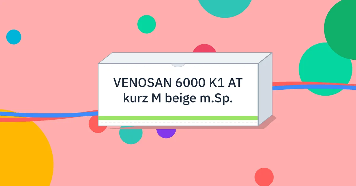 Symbolbild: Packung mit der Aufschrift VENOSAN 6000 K1 AT kurz M beige m.Sp. (PZN 17171970) – Verfügbarkeit und Bezug in Apotheken in Frankfurt am Main