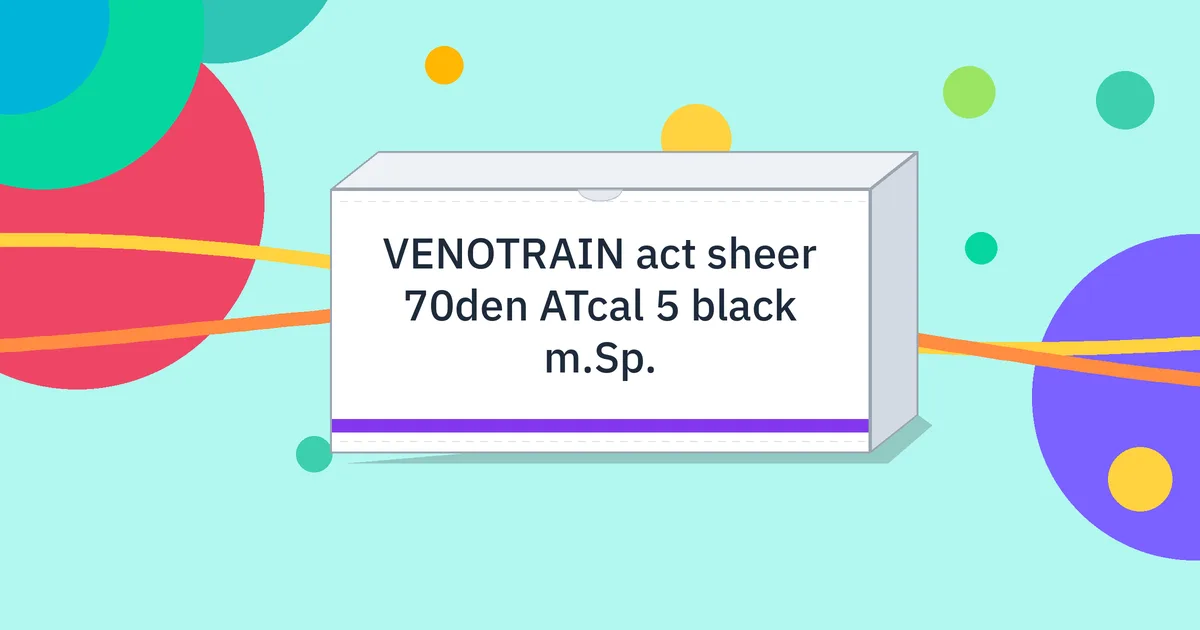 Symbolbild: Packung mit der Aufschrift VENOTRAIN act sheer 70den ATcal 5 black m.Sp. (PZN 16207648) – Verfügbarkeit und Bezug in Apotheken in Frankfurt am Main