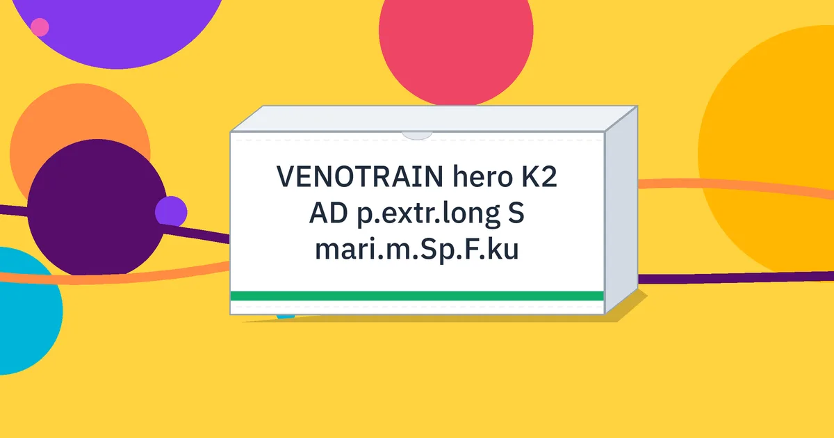 Symbolbild: Packung mit der Aufschrift VENOTRAIN hero K2 AD p.extr.long S mari.m.Sp.F.ku (PZN 19189218) – Verfügbarkeit und Bezug in Apotheken in Frankfurt am Main
