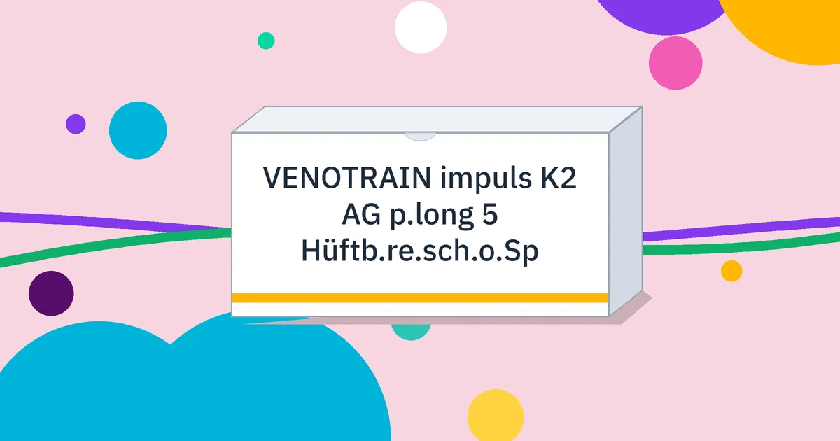 Symbolbild: Packung mit der Aufschrift VENOTRAIN impuls K2 AG p.long 5 Hüftb.re.sch.o.Sp (PZN 10293457) – Verfügbarkeit und Bezug in Apotheken in Frankfurt am Main