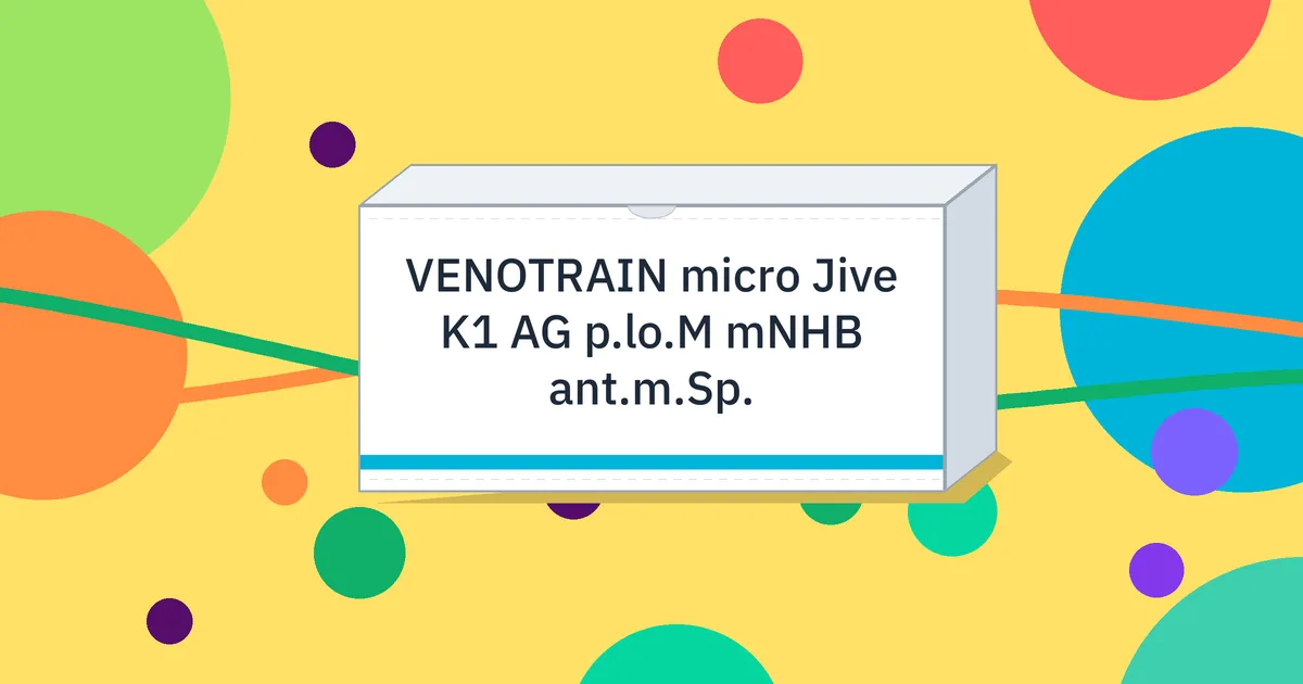 Symbolbild: Packung mit der Aufschrift VENOTRAIN micro Jive K1 AG p.lo.M mNHB ant.m.Sp. (PZN 17761128) – Verfügbarkeit und Bezug in Apotheken in Frankfurt am Main