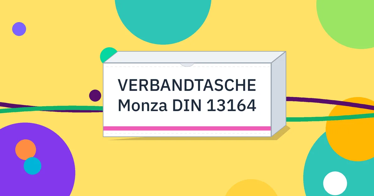 Symbolbild: Packung mit der Aufschrift VERBANDTASCHE Monza DIN 13164 (PZN 08780629) – Verfügbarkeit und Bezug in Apotheken in Frankfurt am Main