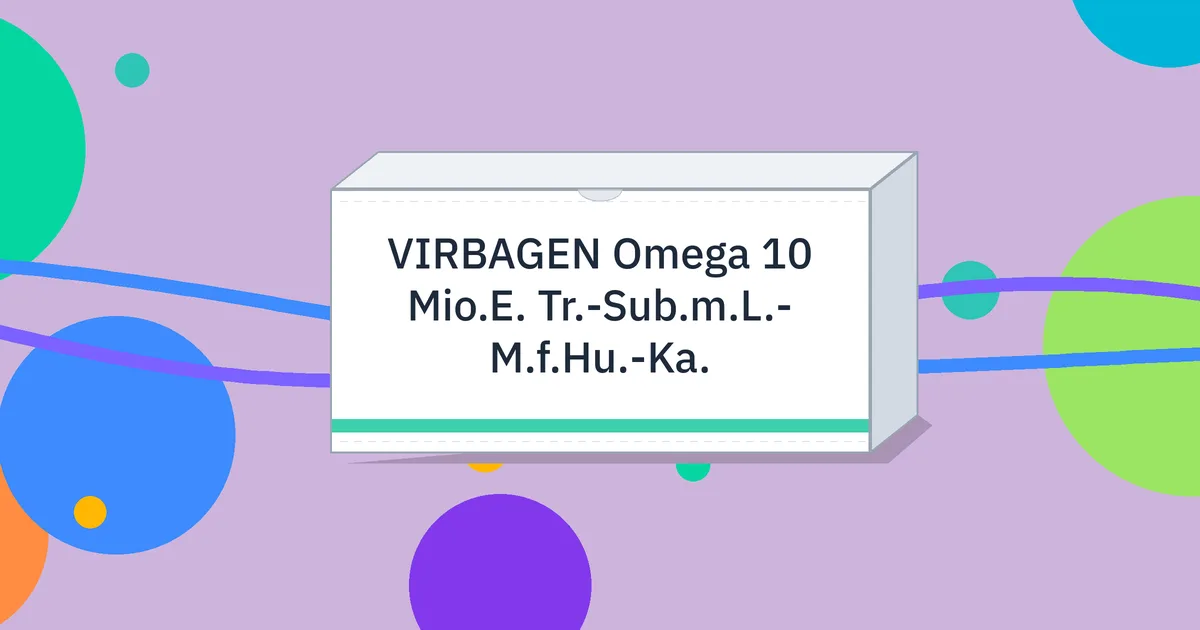 Symbolbild: Packung mit der Aufschrift VIRBAGEN Omega 10 Mio.E. Tr.-Sub.m.L.-M.f.Hu.-Ka. (PZN 01656872) – Verfügbarkeit und Bezug in Apotheken in Frankfurt am Main