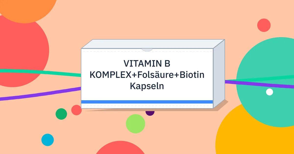 Symbolbild: Packung mit der Aufschrift VITAMIN B KOMPLEX+Folsäure+Biotin Kapseln (PZN 18600953) – Verfügbarkeit und Bezug in Apotheken in Frankfurt am Main