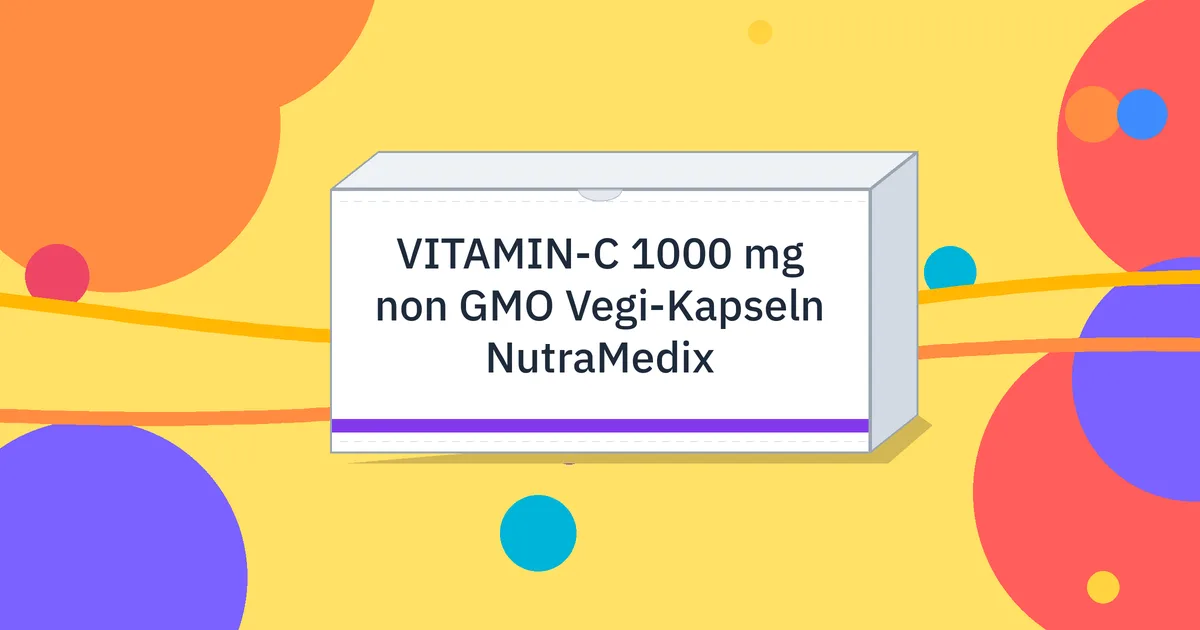 Symbolbild: Packung mit der Aufschrift VITAMIN-C 1000 mg non GMO Vegi-Kapseln NutraMedix (PZN 17201576) – Verfügbarkeit und Bezug in Apotheken in Frankfurt am Main