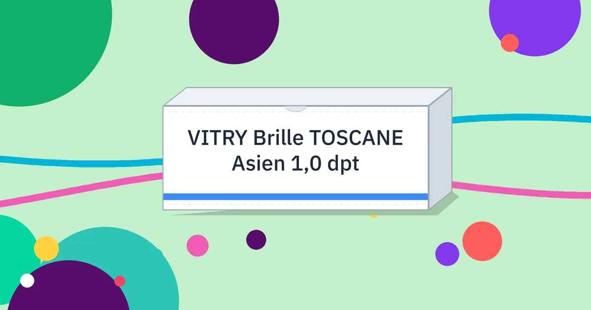 Symbolbild: Packung mit der Aufschrift VITRY Brille TOSCANE Asien 1,0 dpt (PZN 18804101) – Verfügbarkeit und Bezug in Apotheken in Frankfurt am Main