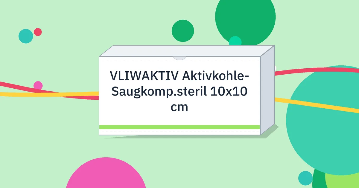 Symbolbild: Packung mit der Aufschrift VLIWAKTIV Aktivkohle-Saugkomp.steril 10x10 cm (PZN 17880198) – Verfügbarkeit und Bezug in Apotheken in Frankfurt am Main