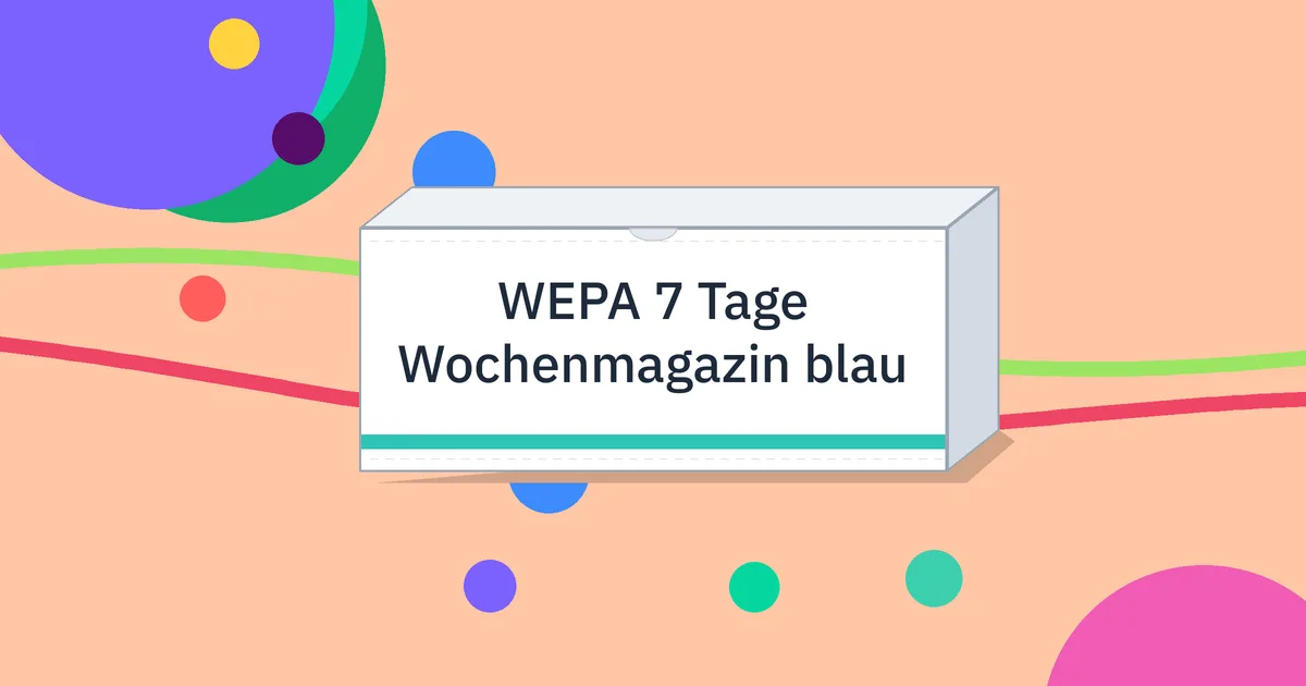 Symbolbild: Packung mit der Aufschrift WEPA 7 Tage Wochenmagazin blau (PZN 18877979) – Verfügbarkeit und Bezug in Apotheken in Frankfurt am Main