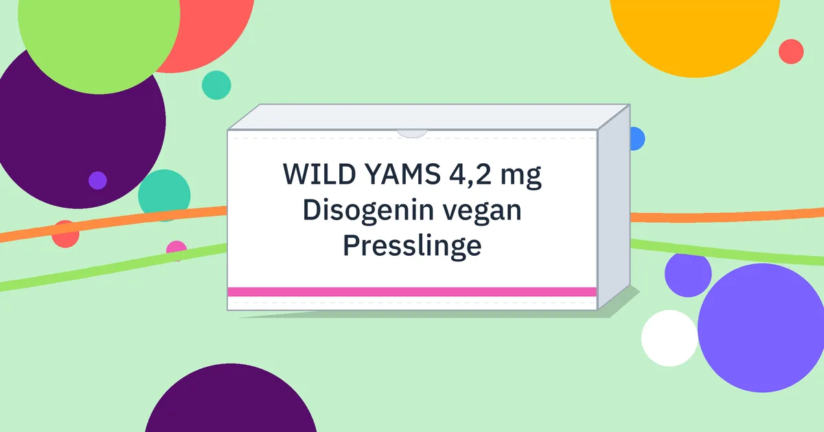 Symbolbild: Packung mit der Aufschrift WILD YAMS 4,2 mg Disogenin vegan Presslinge (PZN 17365651) – Verfügbarkeit und Bezug in Apotheken in Frankfurt am Main