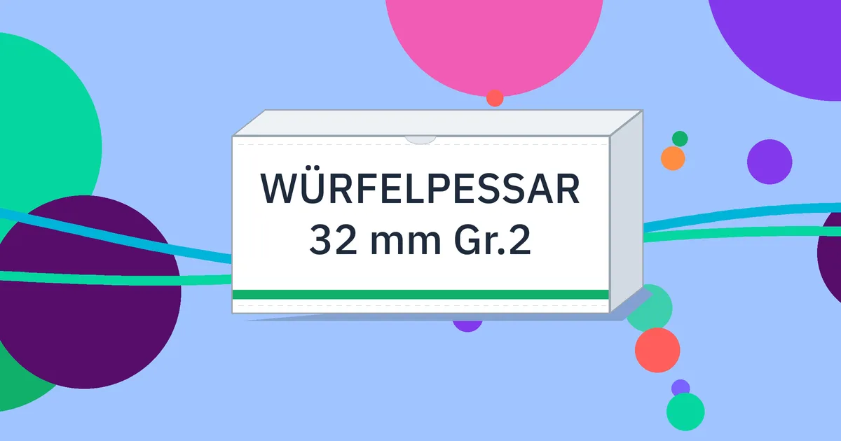 Symbolbild: Packung mit der Aufschrift WÜRFELPESSAR 32 mm Gr.2 (PZN 07286301) – Verfügbarkeit und Bezug in Apotheken in Frankfurt am Main