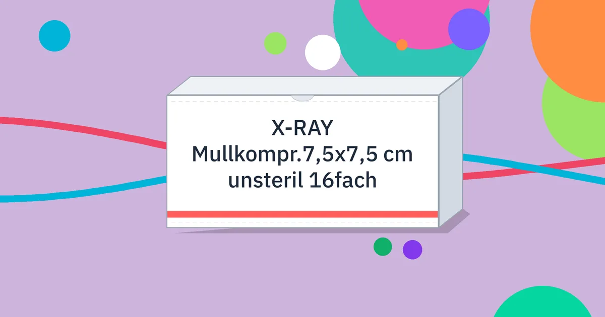 Symbolbild: Packung mit der Aufschrift X-RAY Mullkompr.7,5x7,5 cm unsteril 16fach (PZN 07099591) – Verfügbarkeit und Bezug in Apotheken in Frankfurt am Main