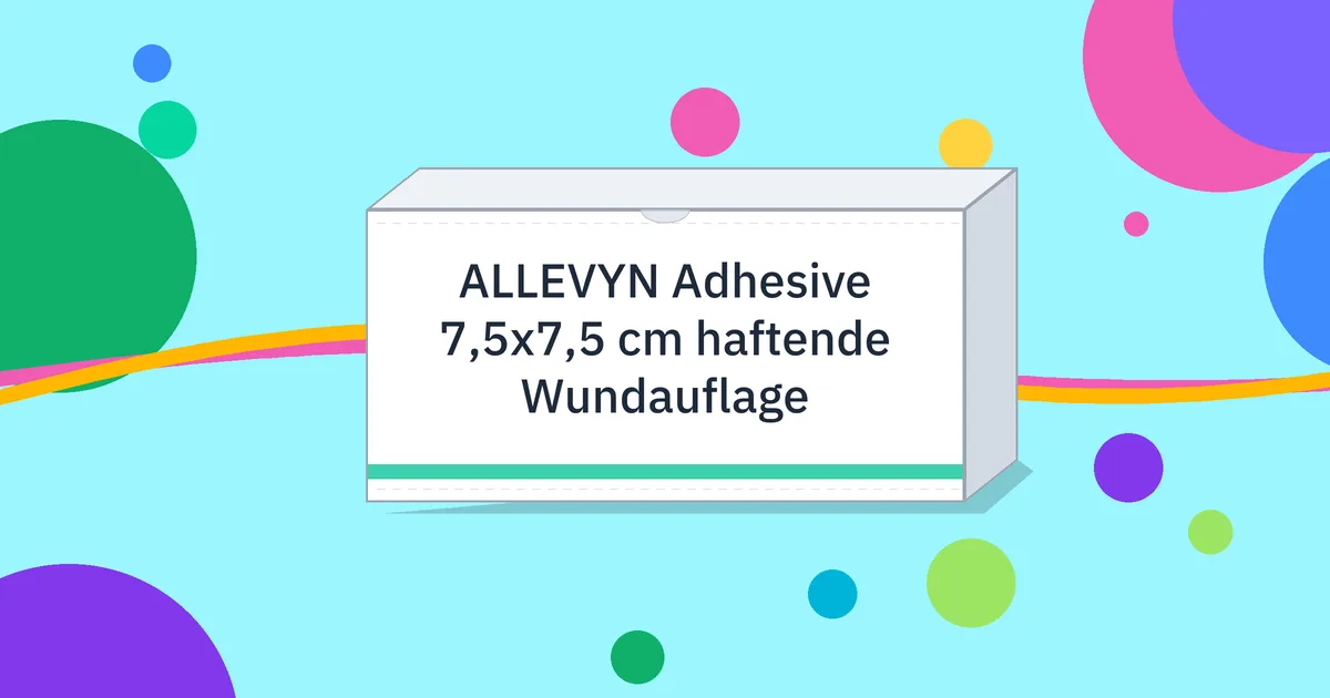 Symbolbild: Packung mit der Aufschrift ALLEVYN Adhesive 7,5x7,5 cm haftende Wundauflage (PZN 06425806) – Verfügbarkeit und Bezug in Apotheken in Frankfurt am Main