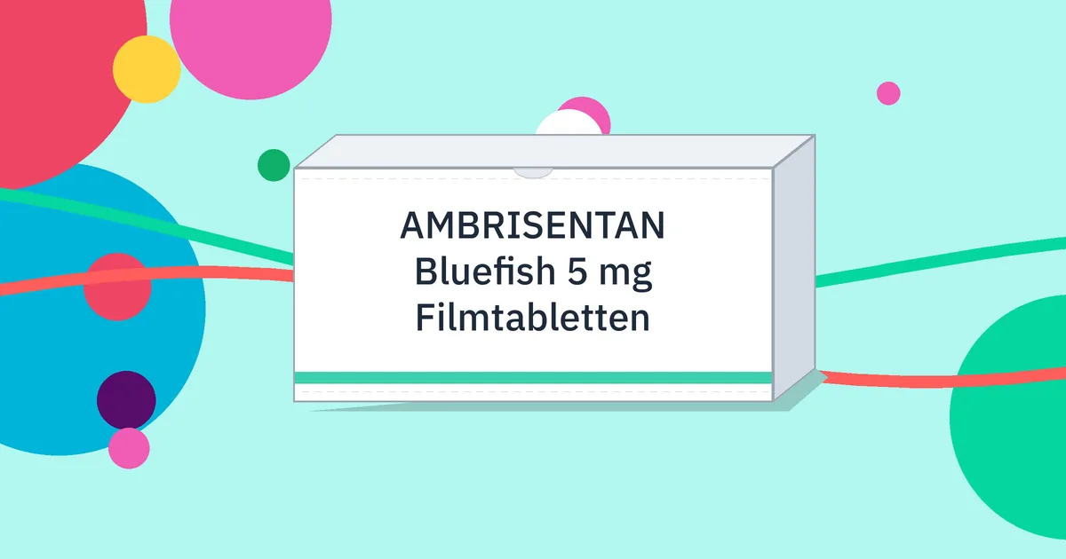 Symbolbild: Packung mit der Aufschrift AMBRISENTAN Bluefish 5 mg Filmtabletten (PZN 17938271) – Verfügbarkeit und Bezug in Apotheken in Frankfurt am Main