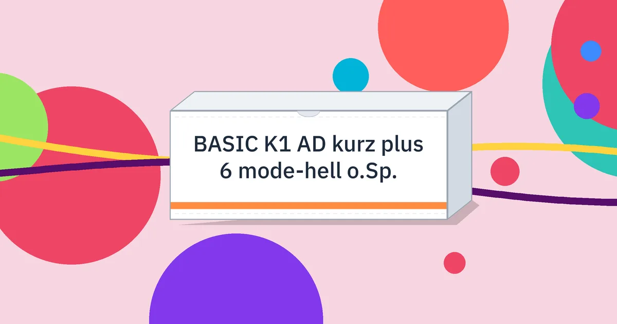 Symbolbild: Packung mit der Aufschrift BASIC K1 AD kurz plus 6 mode-hell o.Sp. (PZN 20259295) – Verfügbarkeit und Bezug in Apotheken in Frankfurt am Main