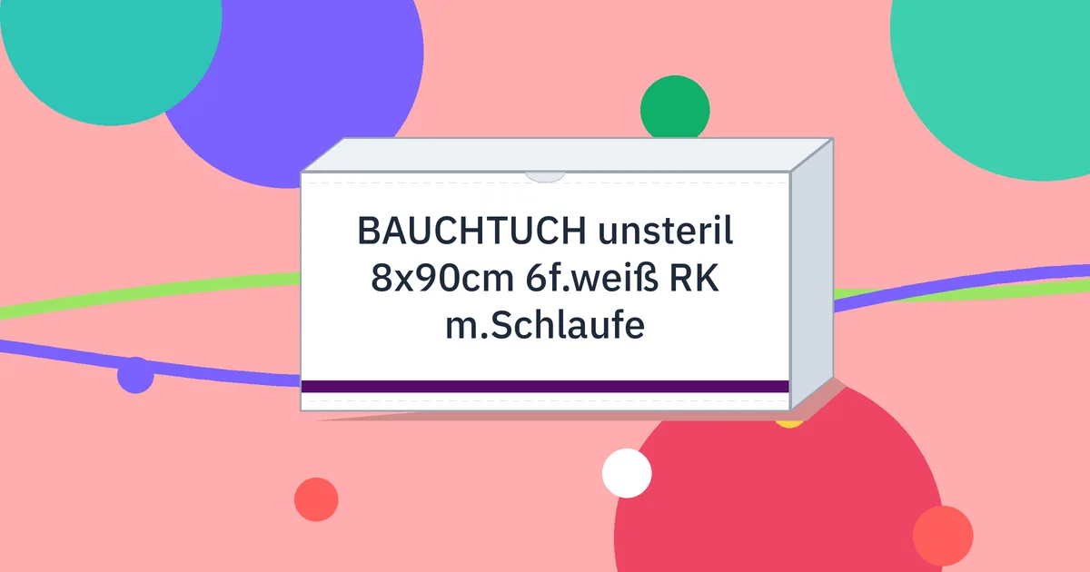 Symbolbild: Packung mit der Aufschrift BAUCHTUCH unsteril 8x90cm 6f.weiß RK m.Schlaufe (PZN 13507166) – Verfügbarkeit und Bezug in Apotheken in Frankfurt am Main