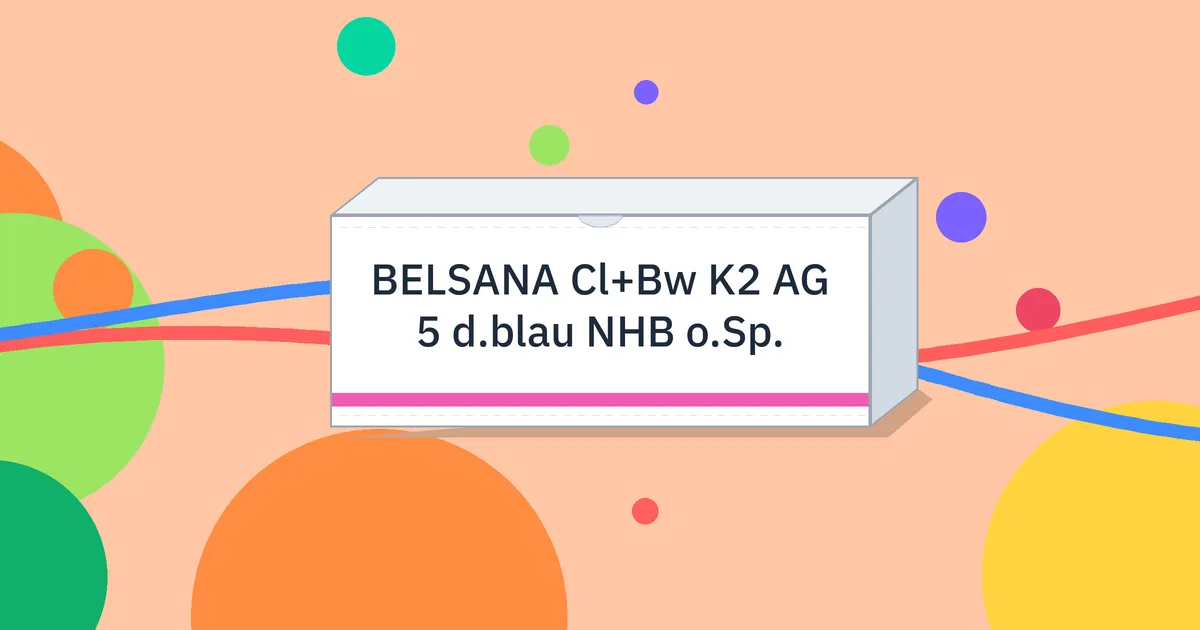Symbolbild: Packung mit der Aufschrift BELSANA Cl+Bw K2 AG 5 d.blau NHB o.Sp. (PZN 15627354) – Verfügbarkeit und Bezug in Apotheken in Frankfurt am Main