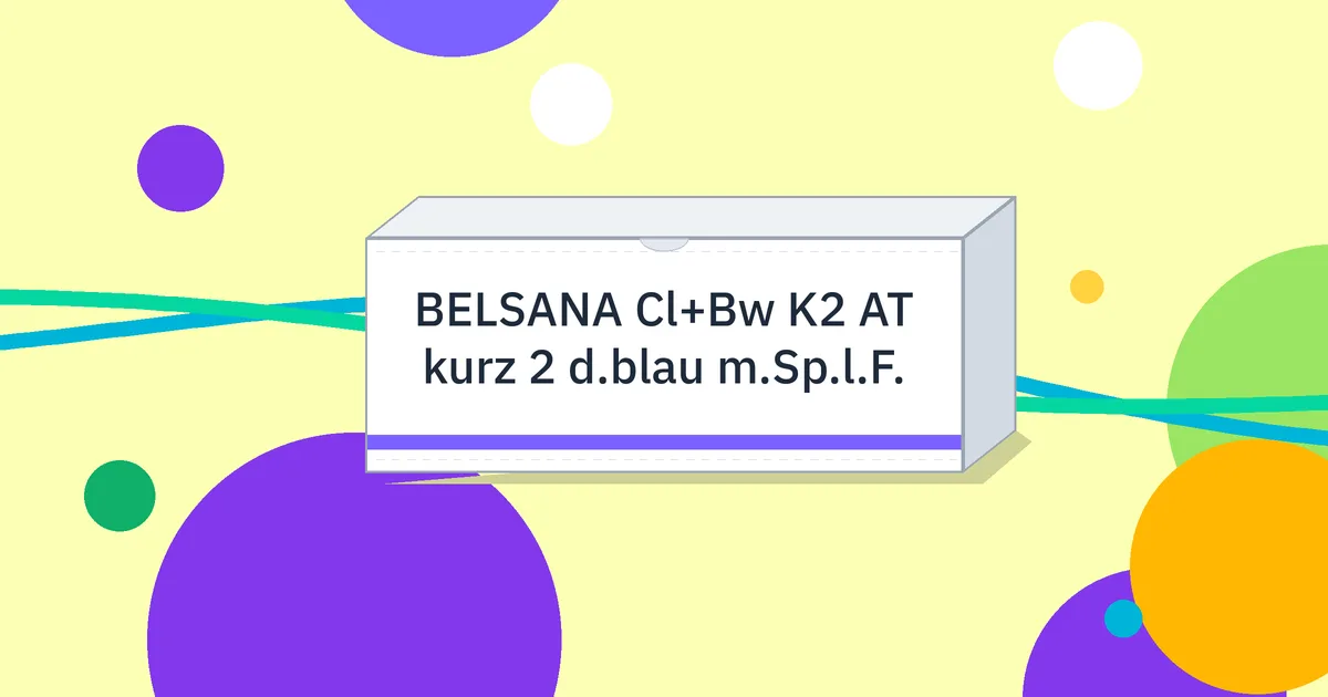 Symbolbild: Packung mit der Aufschrift BELSANA Cl+Bw K2 AT kurz 2 d.blau m.Sp.l.F. (PZN 15627816) – Verfügbarkeit und Bezug in Apotheken in Frankfurt am Main